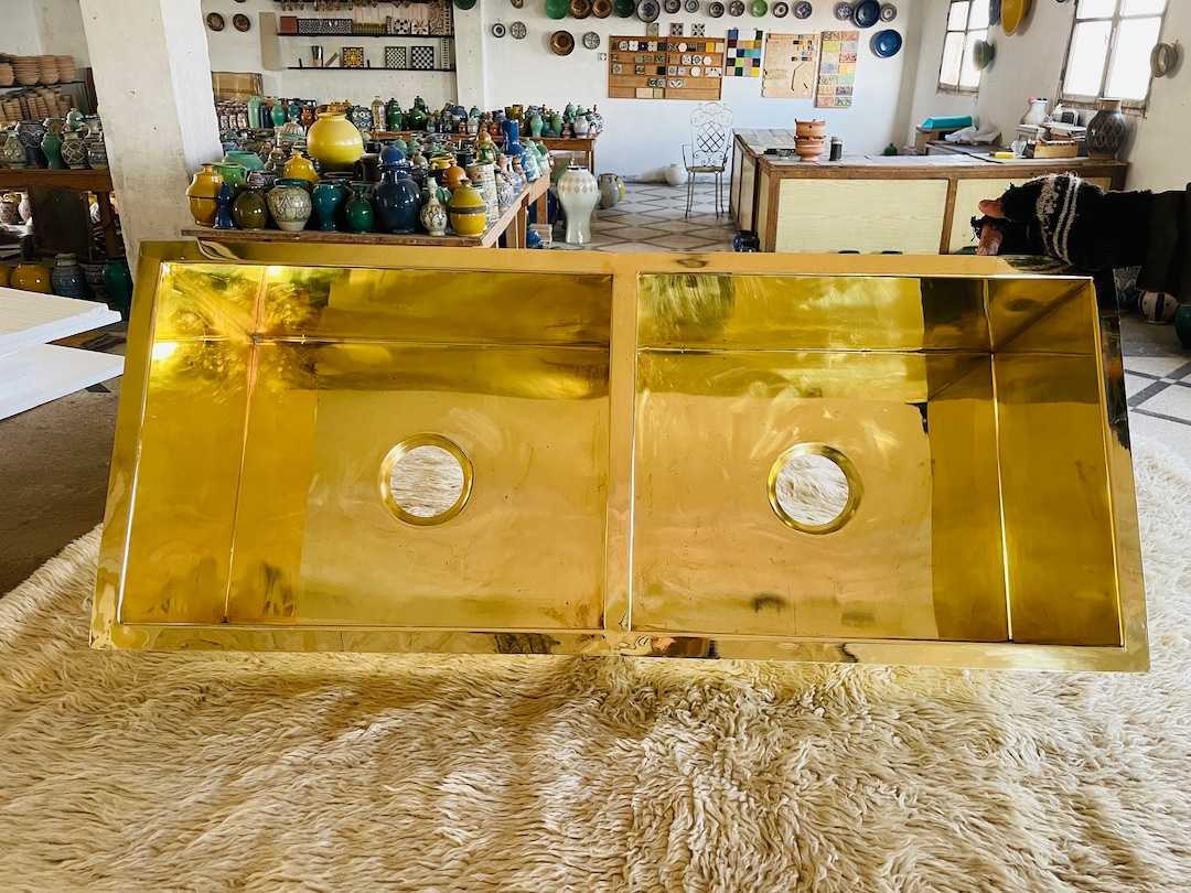 Handcrafted Double Brass Undermount Bar Sink Set - Off-centered Drains ...