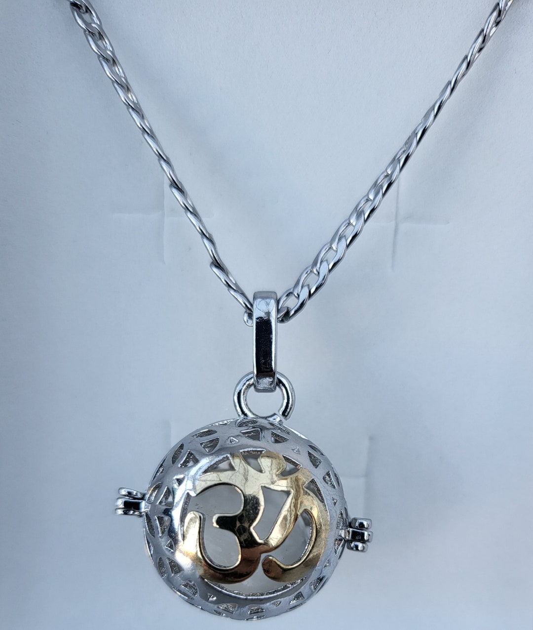 Om Silver and Gold Locket AUM Gemstone Pendant Necklace Sterling Silver ...