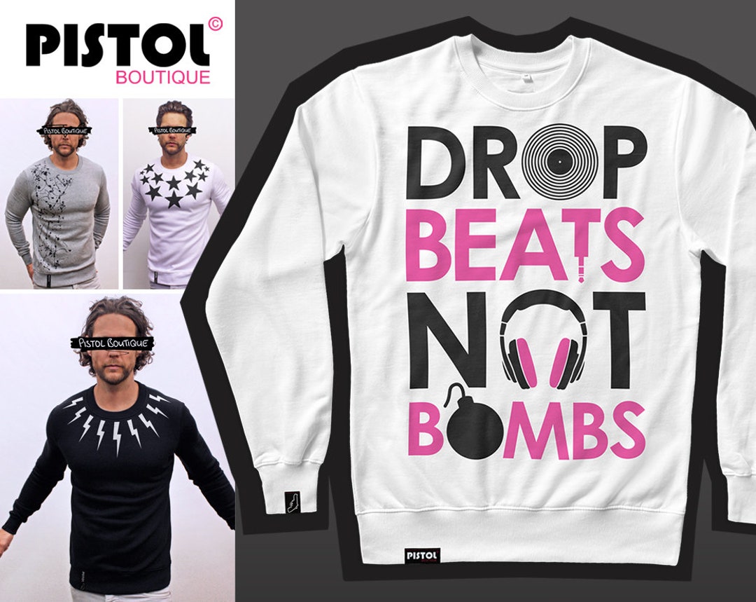 Pistol Boutique Men's White "drop Beats Not Bombs" Music Fashion Casual ...
