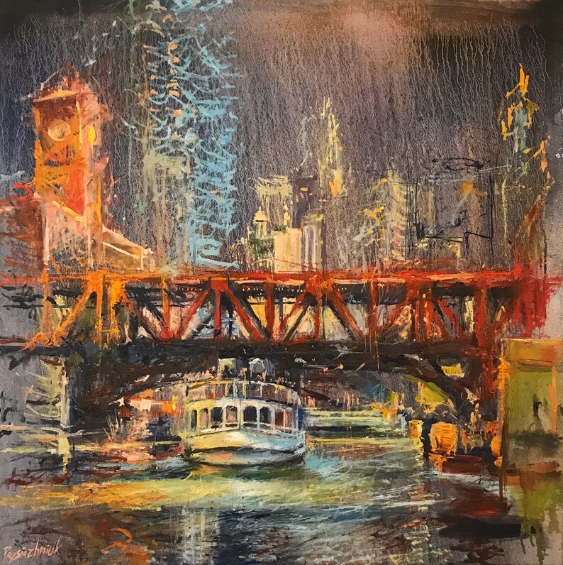 Boat Tour, Chicago River, Chicago L- Train, Oil Painting, Architecture ...