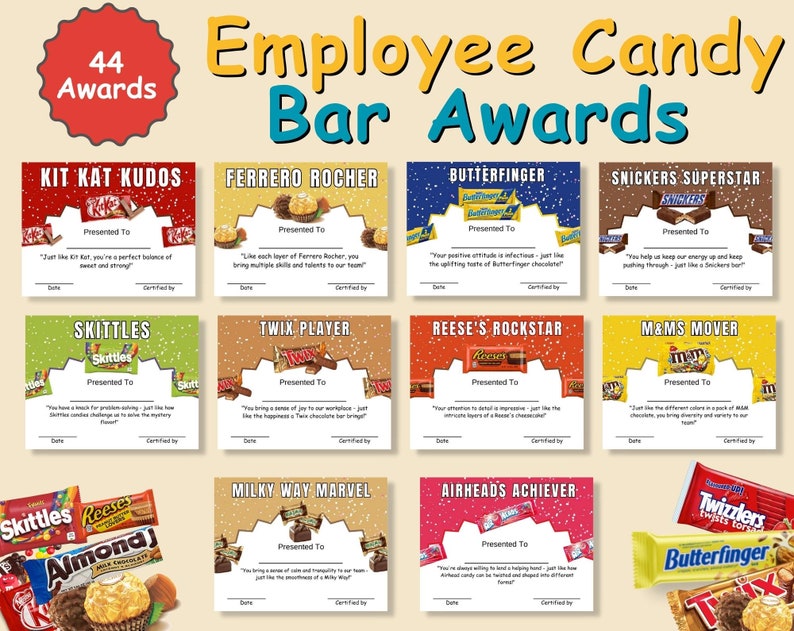 Candy Bar Awards Certificates Employees Appreciation Awards - Etsy Canada
