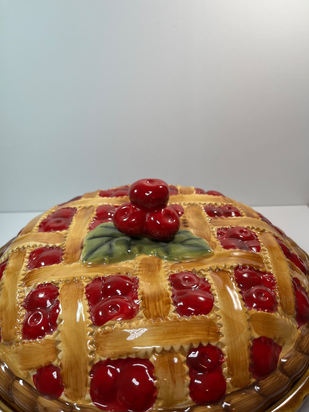 Hand-painted Ceramic Cherry Pie Plate Earthenware Lid Oven & Microwave ...