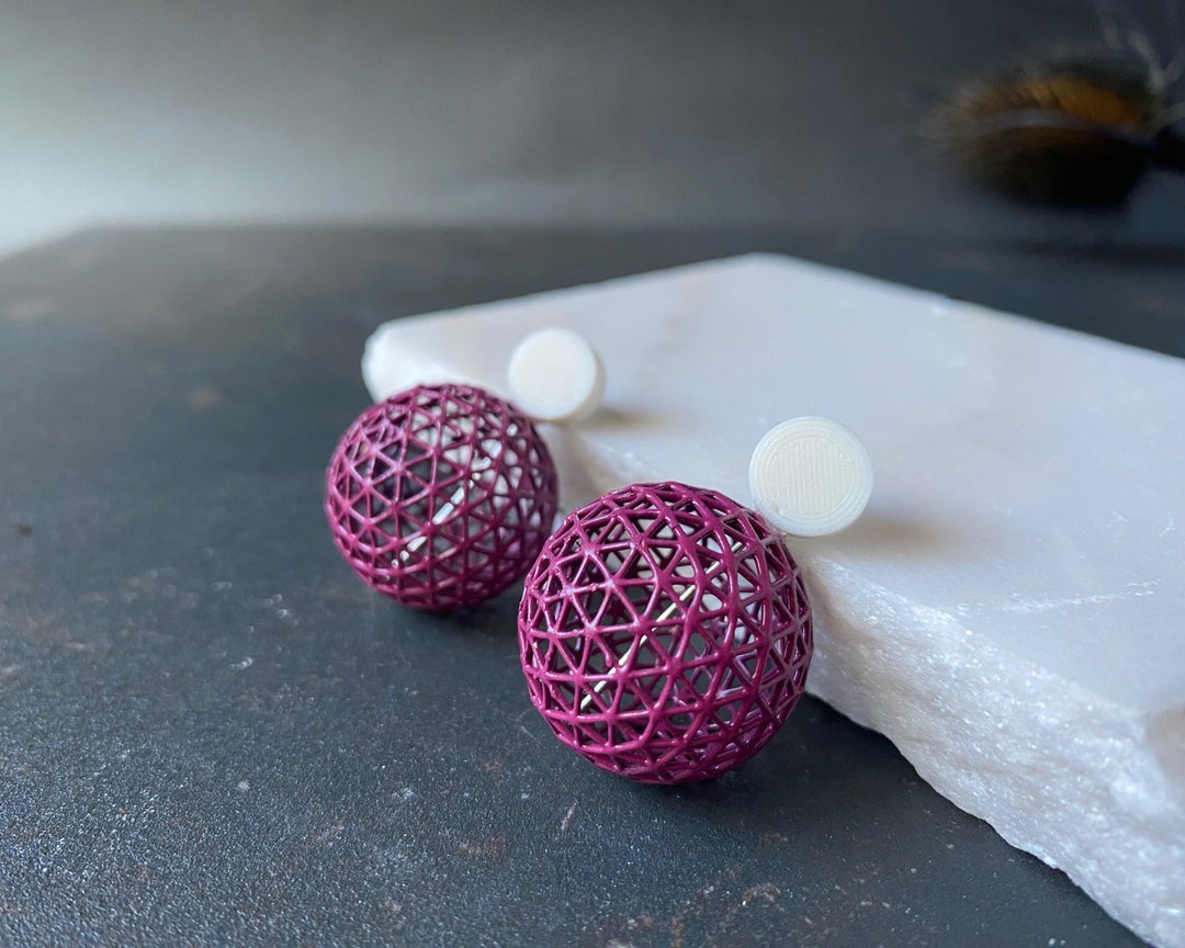 Earrings 3D Printed Jewelry, Statement Earrings Purple Large Sphere ...