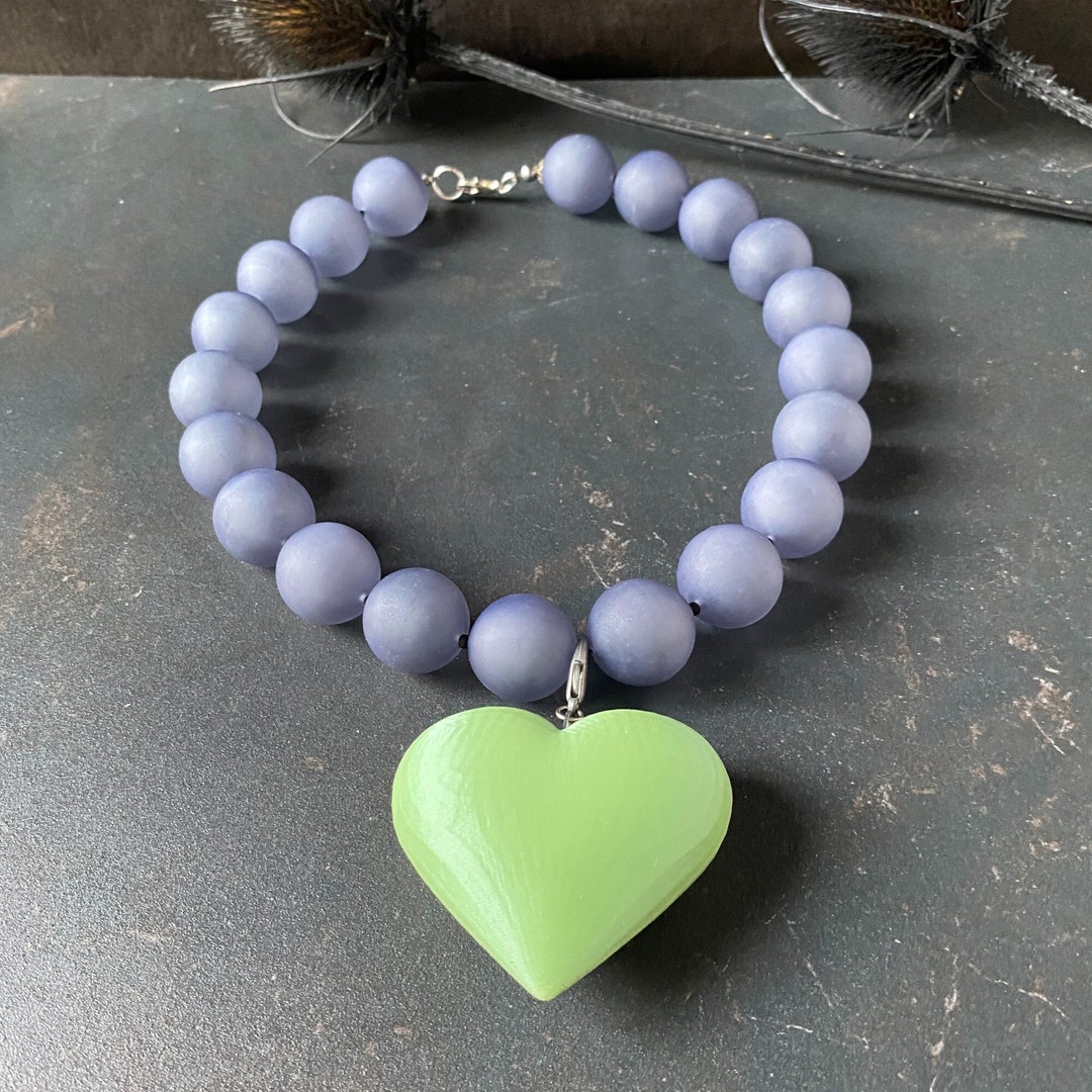 Maximalist Smoke Black Necklace: Large Puffy Heart Pendant on Chunky ...