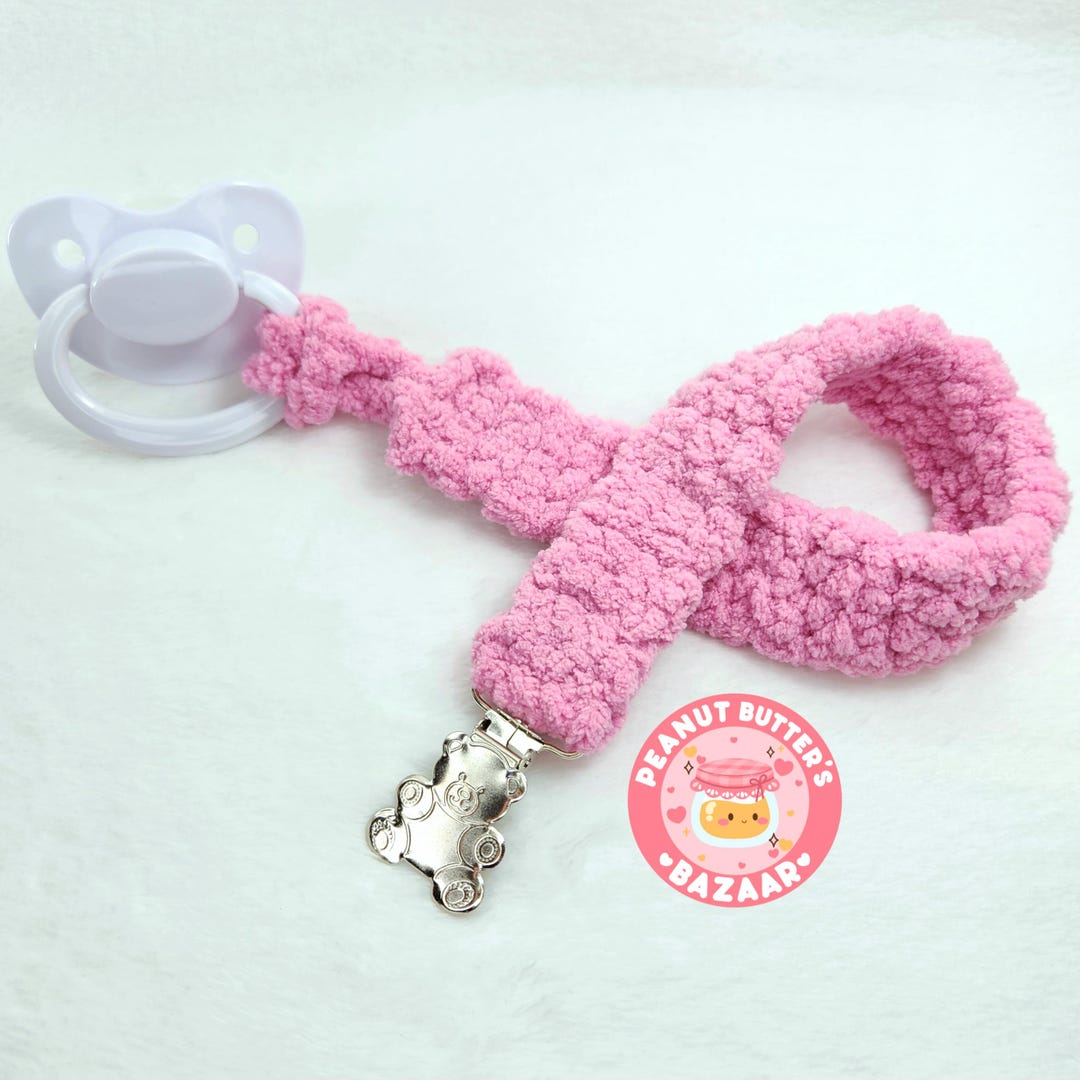 Bubblegum Soft & Fuzzy Crochet ADULT Pacifier Clip ~LONG LENGTH~ Loop Style Pacifier Clip ...