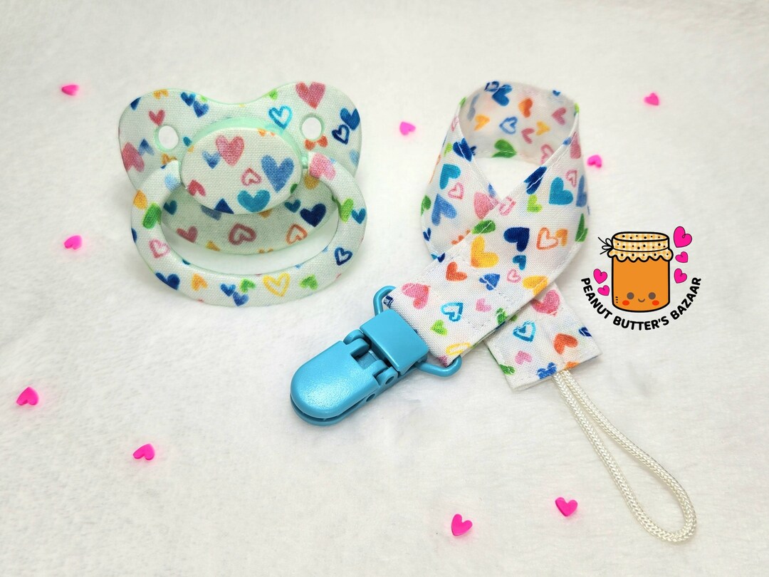 Colorful Hearts Waterproof Fabric Decorated Adult Pacifier and Matching ...