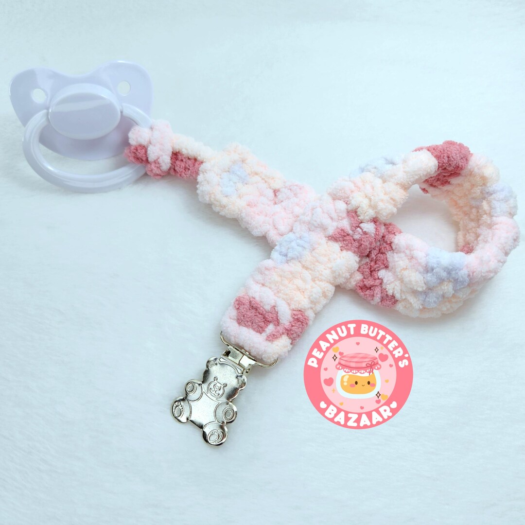 Raspberry Kisses Soft & Fuzzy Crochet ADULT Pacifier Clip ~LONG LENGTH ...