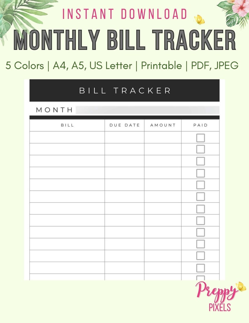 Monthly Bill Tracker Printable | Bill Payment Tracker | Bill Checklist ...