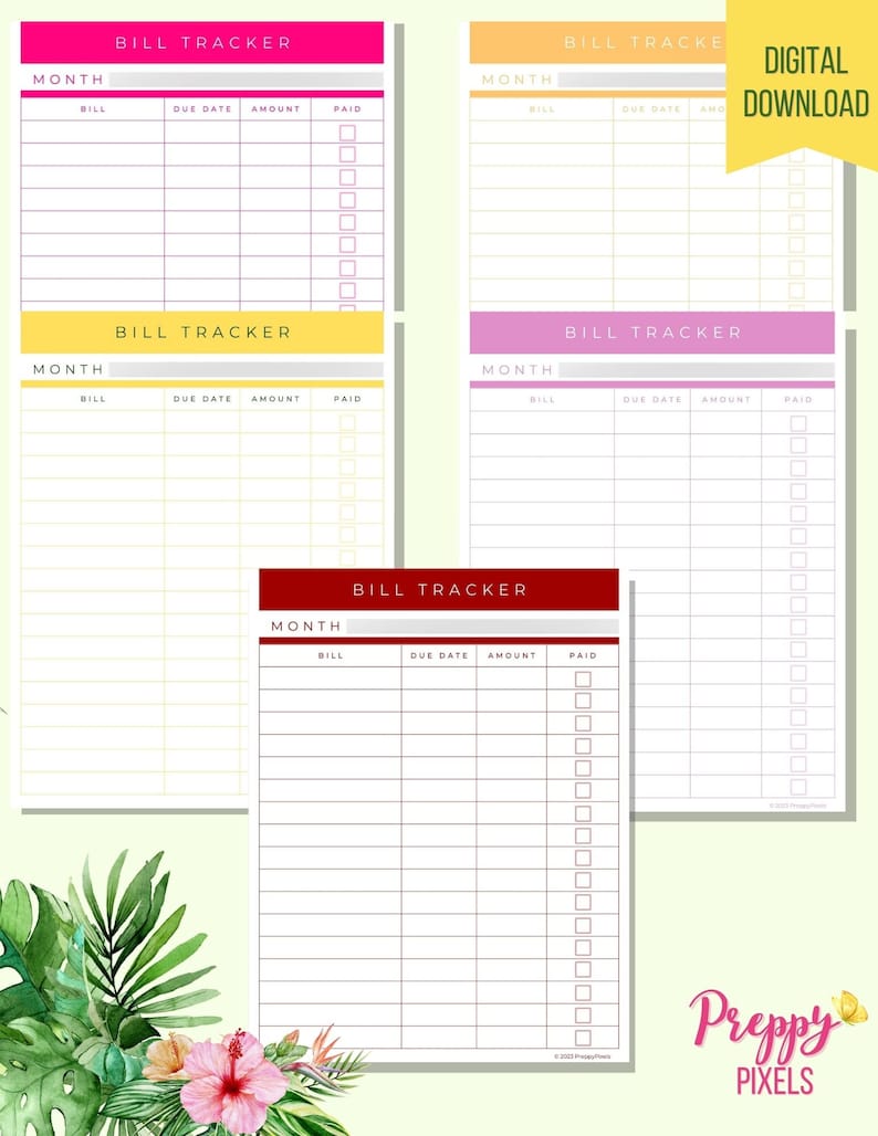 Monthly Bill Tracker Printable-rose Garden Color Collection | Bill ...