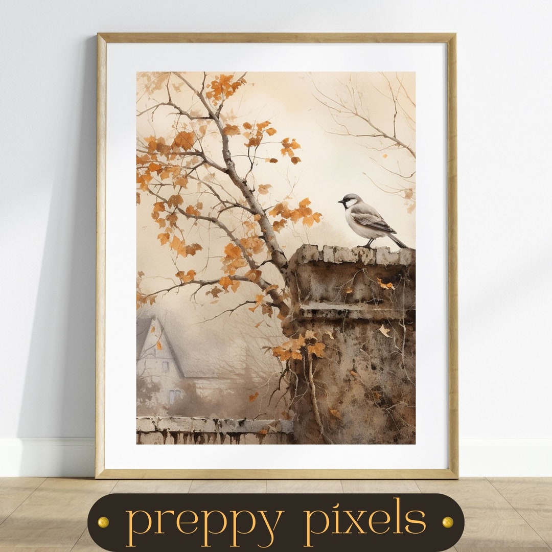 Fall Wall Decor Printable Bird on Pillar Rustic Fall Art Vintage Autumn ...