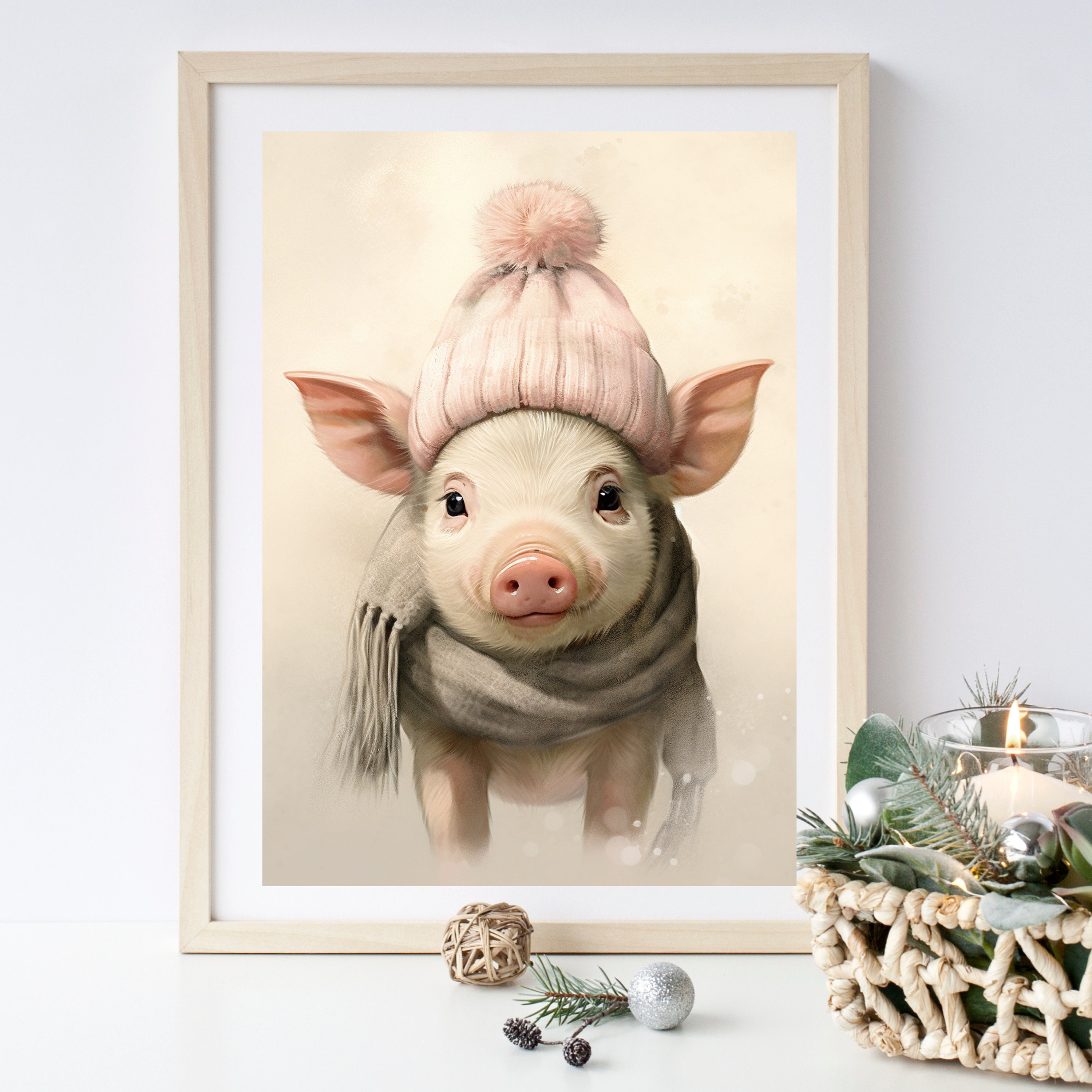 Christmas Wall Art Farmhouse Piglet Printable Pink Xmas Art Vintage ...