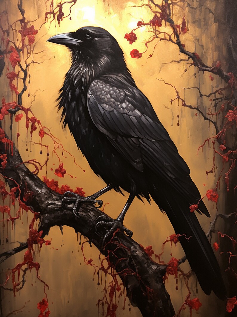 Halloween Raven Print: Red Drip Tree, Moody Dark Art (digital Download ...