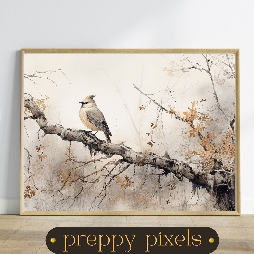 Rustic Bird on Limb Fall Art Print: Vintage Autumn Decor (digital ...