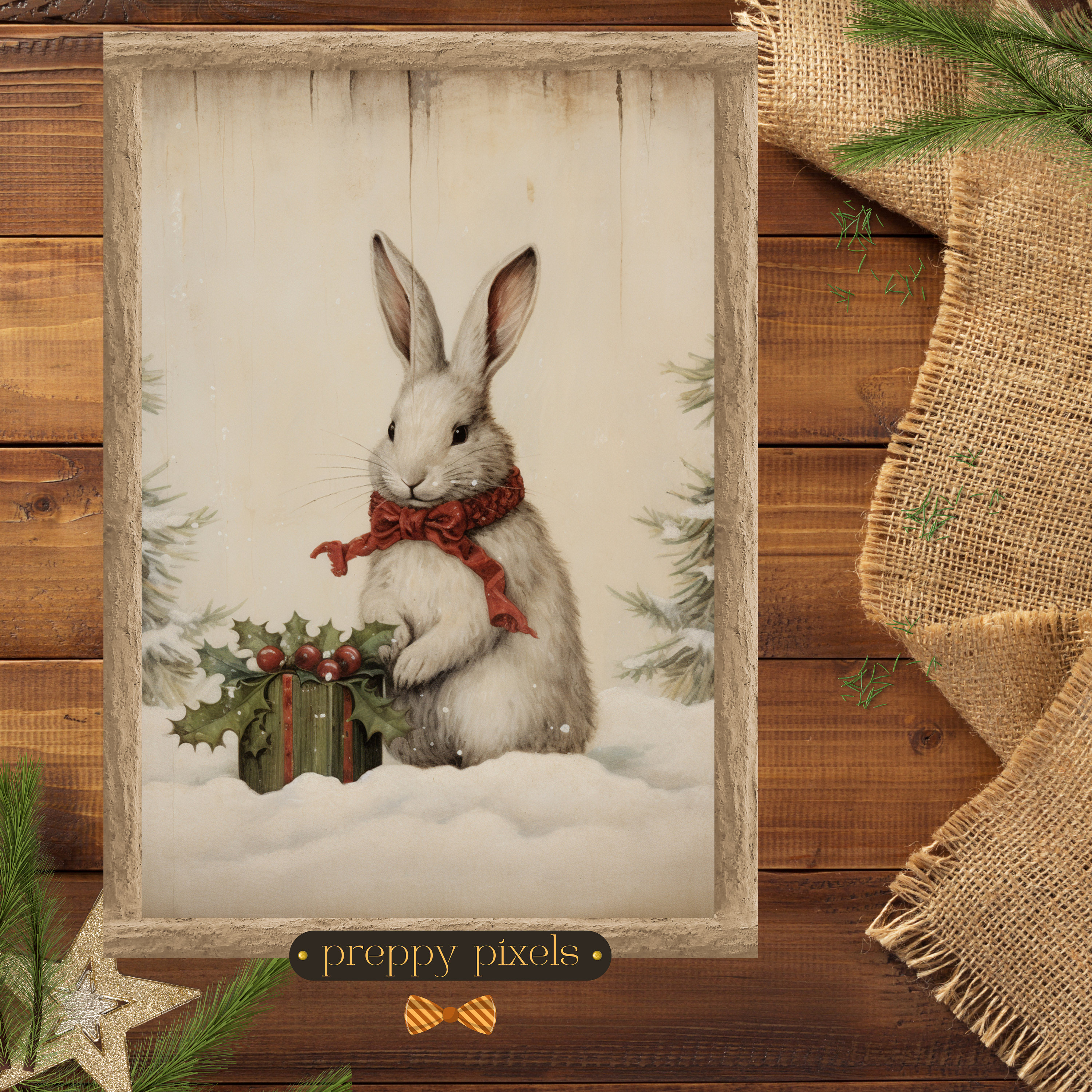 Christmas Wall Art Vintage Rabbit Printable Rustic Xmas Art Vintage ...