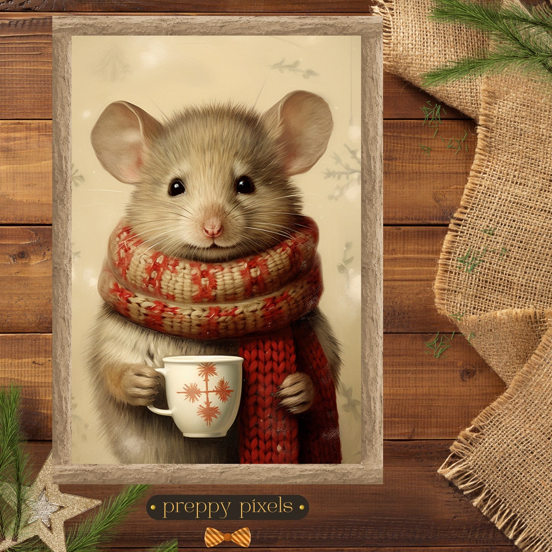 Vintage Christmas Mouse Art: Rustic Winter Coffee Print (digital ...