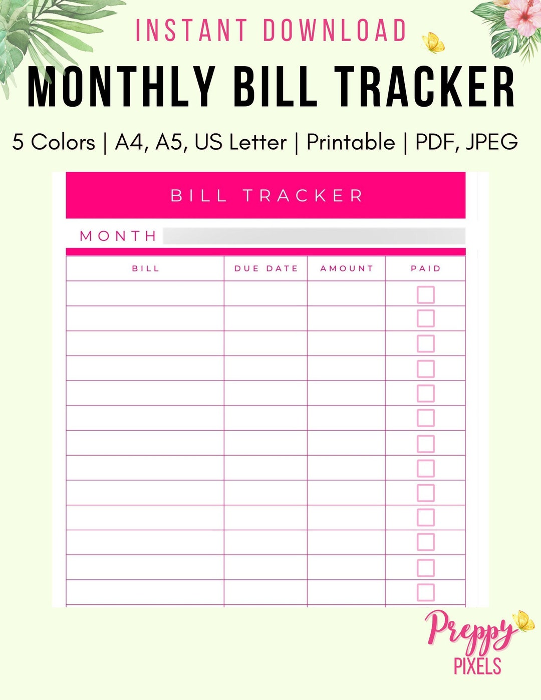 Monthly Bill Tracker Printable-rose Garden Color Collection | Bill ...