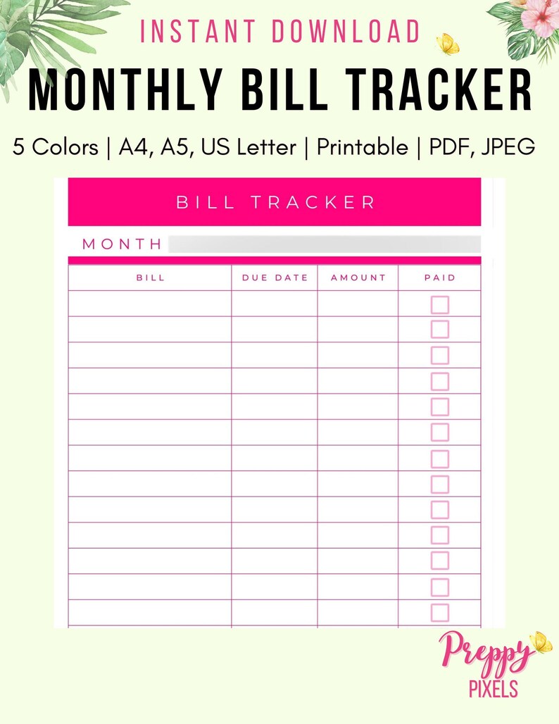 Monthly Bill Tracker Printable-rose Garden Color Collection | Bill ...