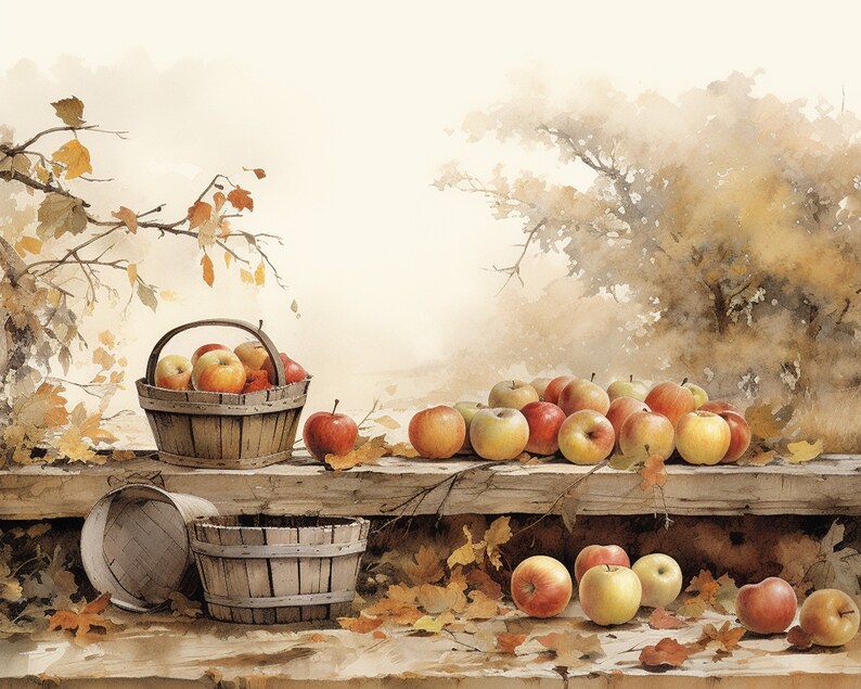 Fall Wall Decor Printable Autumn Apple Basket on Rustic Bench Rustic ...
