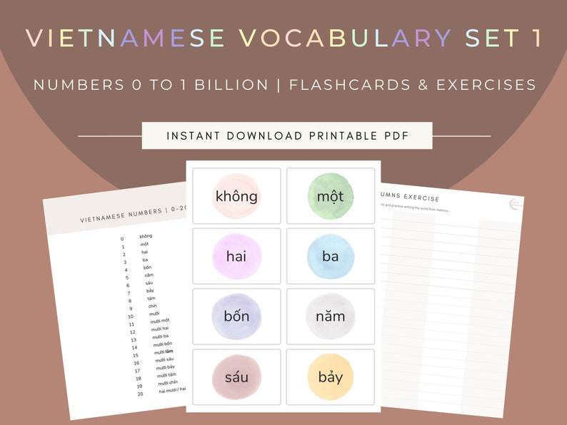 Vietnamese Vocabulary Printable Flashcards & Exercises Learn Numbers 0 ...