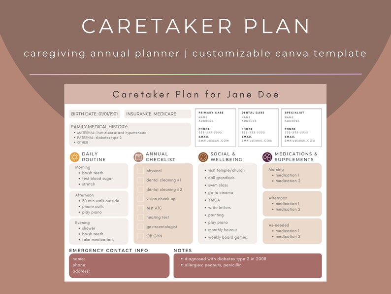 Caregiver Plan | Personalized Visual Health Planner | Wellness Schedule ...
