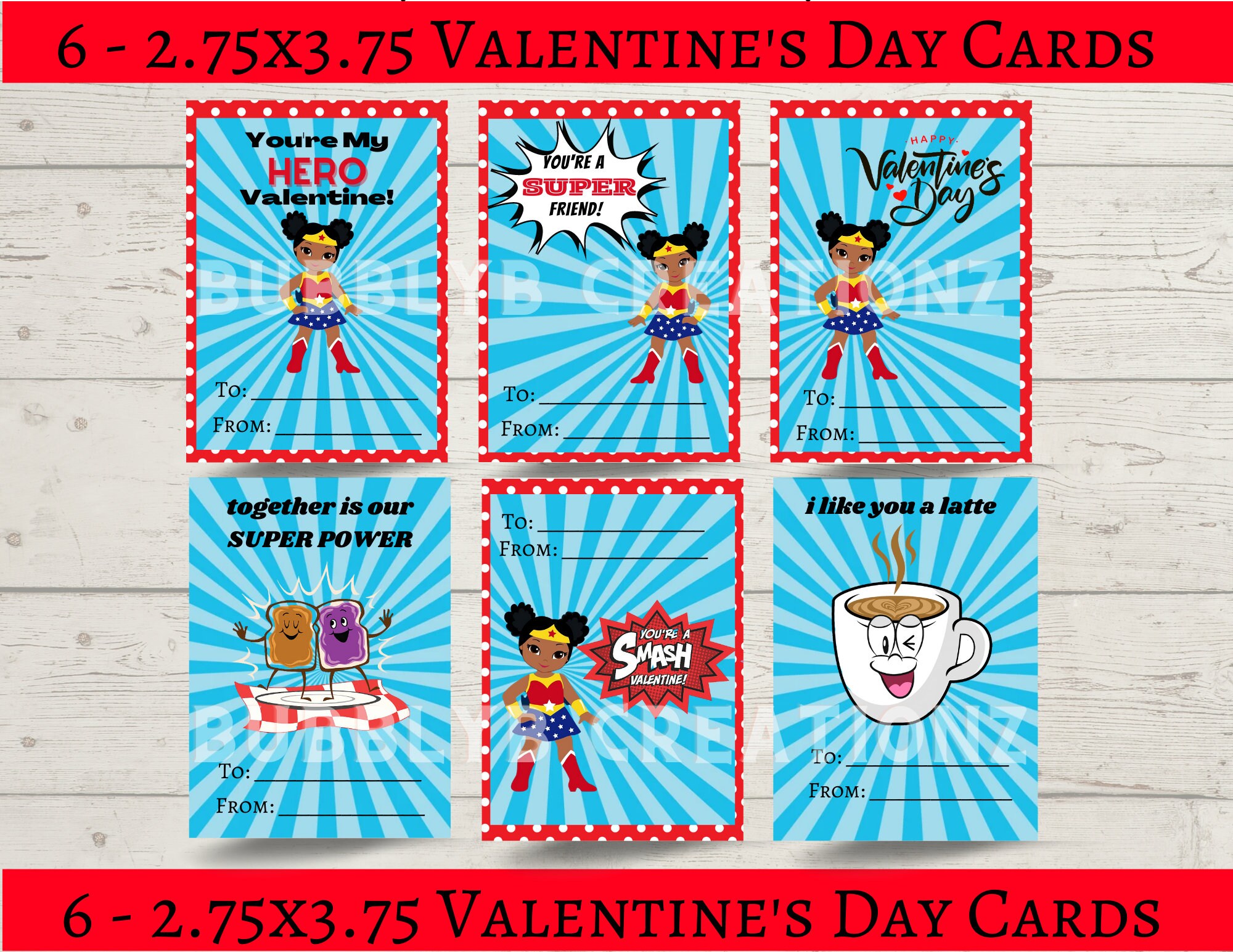 African American Girl Valentines Day Cards -instant Download- Super ...
