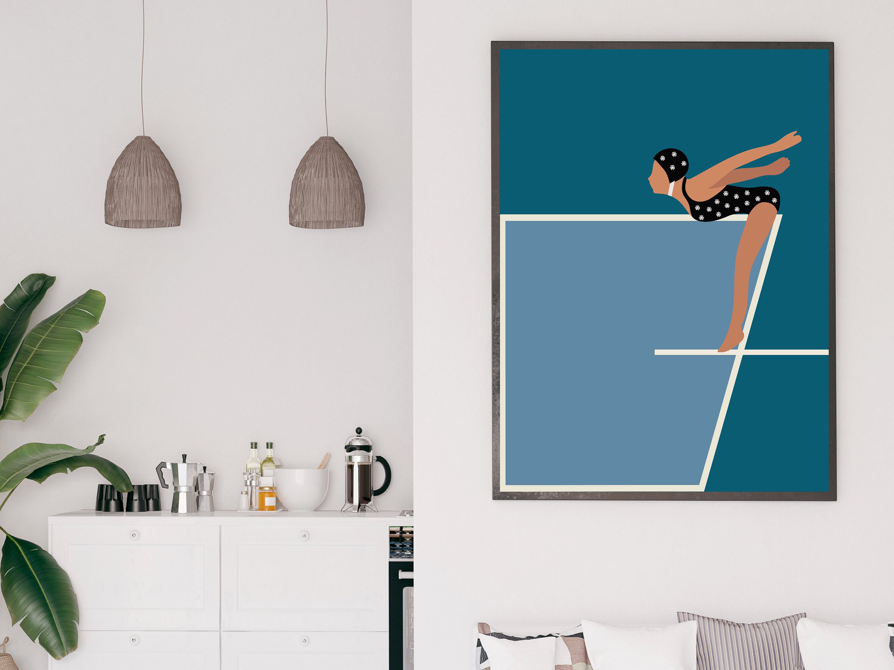 Diver Print, Swimmer Wall Decor, Art Deco Print, Woman Diving Poster ...