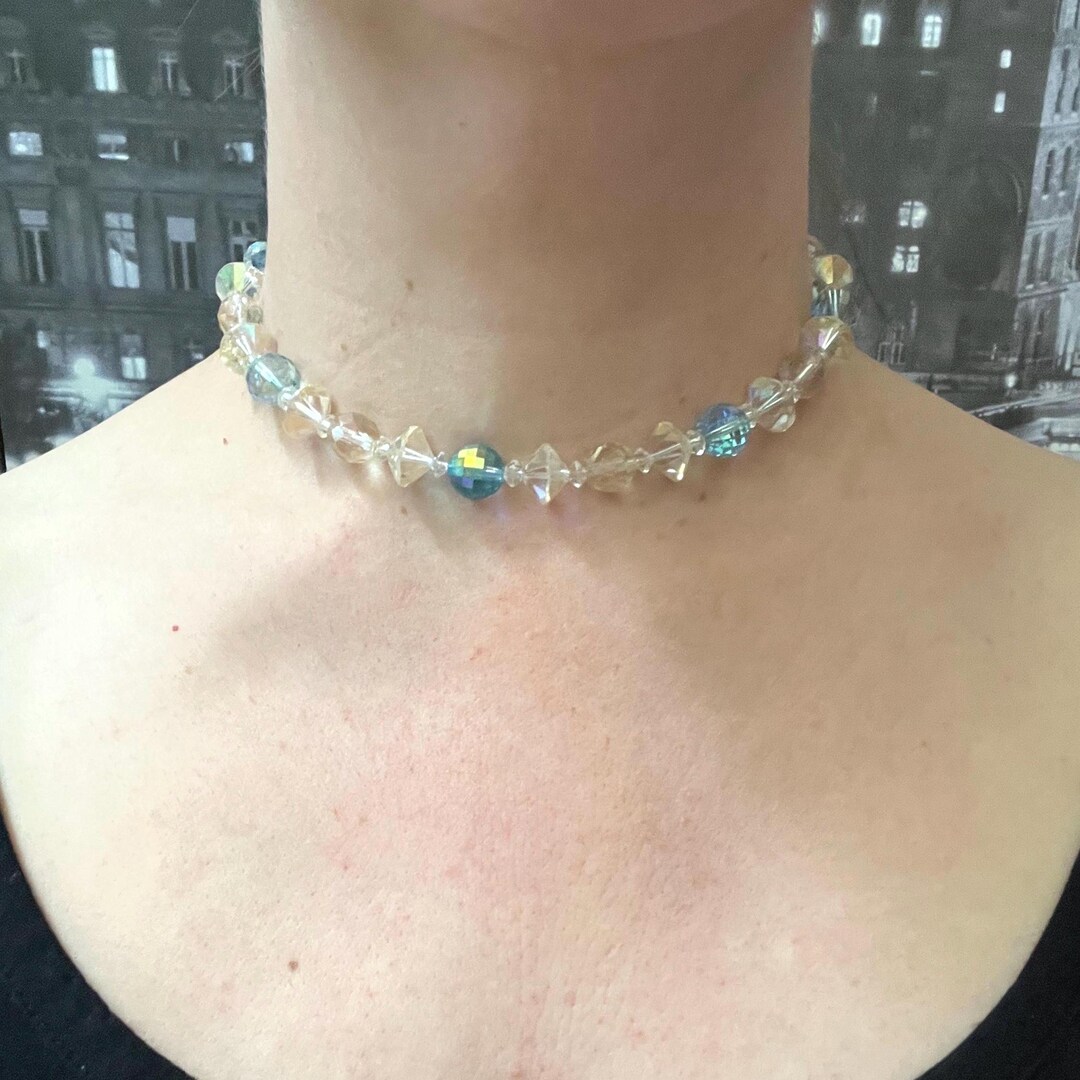 Crystal Bead Choker, Faceted Blue and Aurora Borealis, Vintage 1950s - Etsy