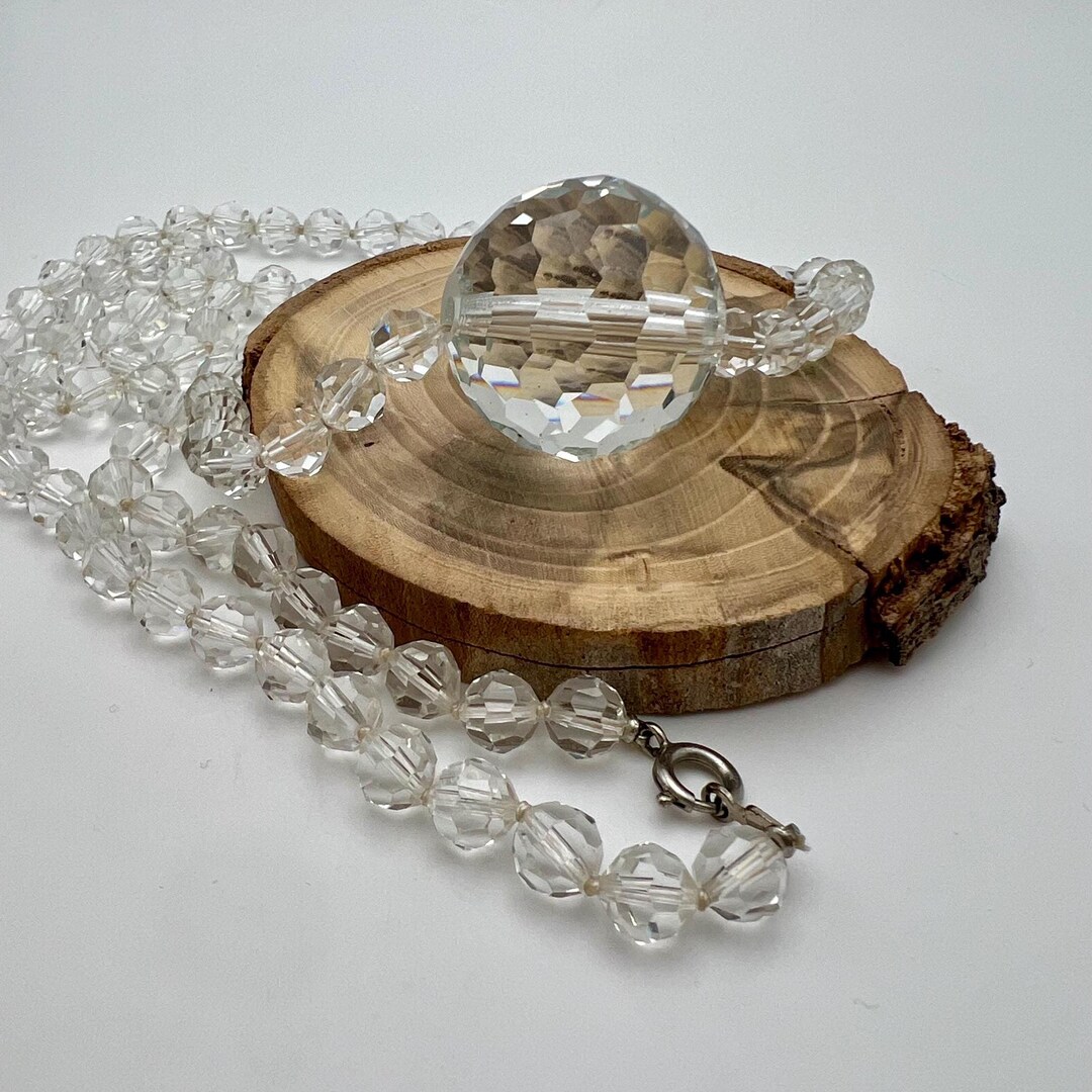 Vintage Crystal Bead Necklace With Large Sphere Pendant, Signed Vogue ...
