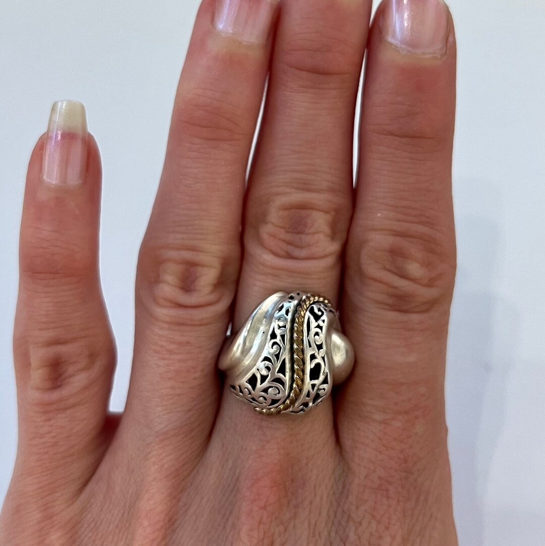 Vintage Two Tone Metal Statement Ring, Sterling Silver and Gold Filled ...