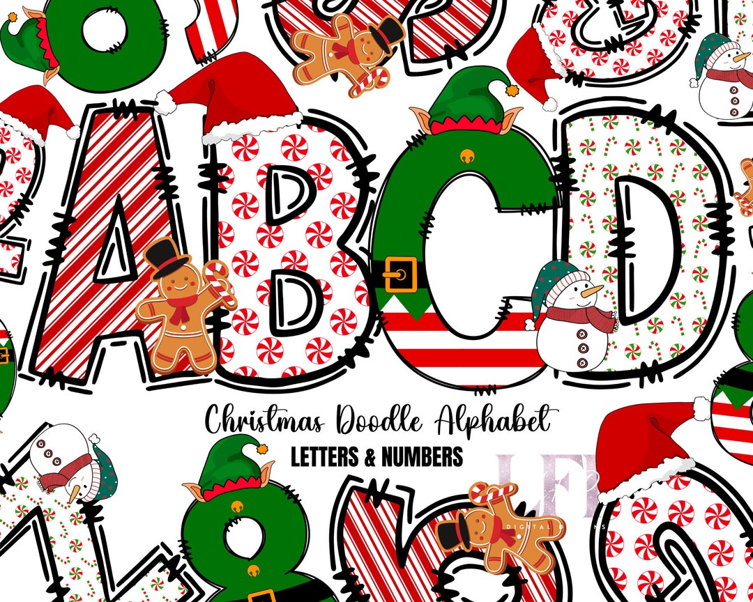 Digital Christmas Alpha Doodle Alphabet PNG Clipart Bundle - Etsy