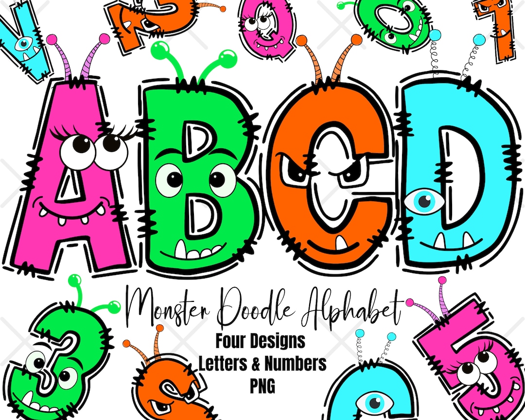 Digital Cute Monsters Alpha Doodle Alphabet - Monster Clipart PNG ...