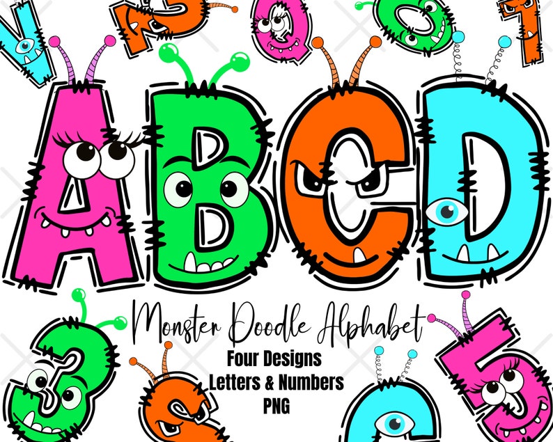 Digital Cute Monsters Alpha Doodle Alphabet Monster Clipart - Etsy