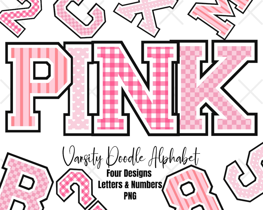 Digital Pink Varsity Letters Doodle Alphabet Pink Clipart PNG Bundle ...
