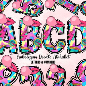 Digital 90s Retro Bubble Gum Alpha Doodle Letters and Numbers - PNG ...