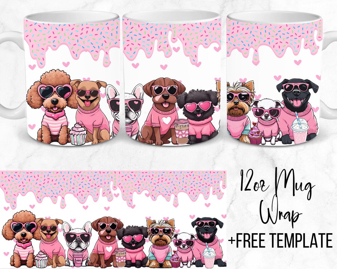 Digital Pink Valentine Dogs 12oz Coffee Mug Wrap - PNG Sublimation ...