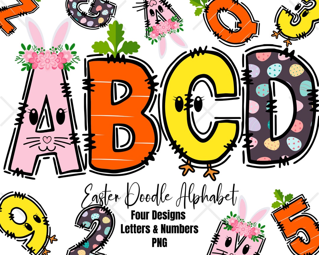 Digital Easter Alpha Doodle Alphabet - Easter Clipart PNG Bundle - Letters and Numbers - Etsy