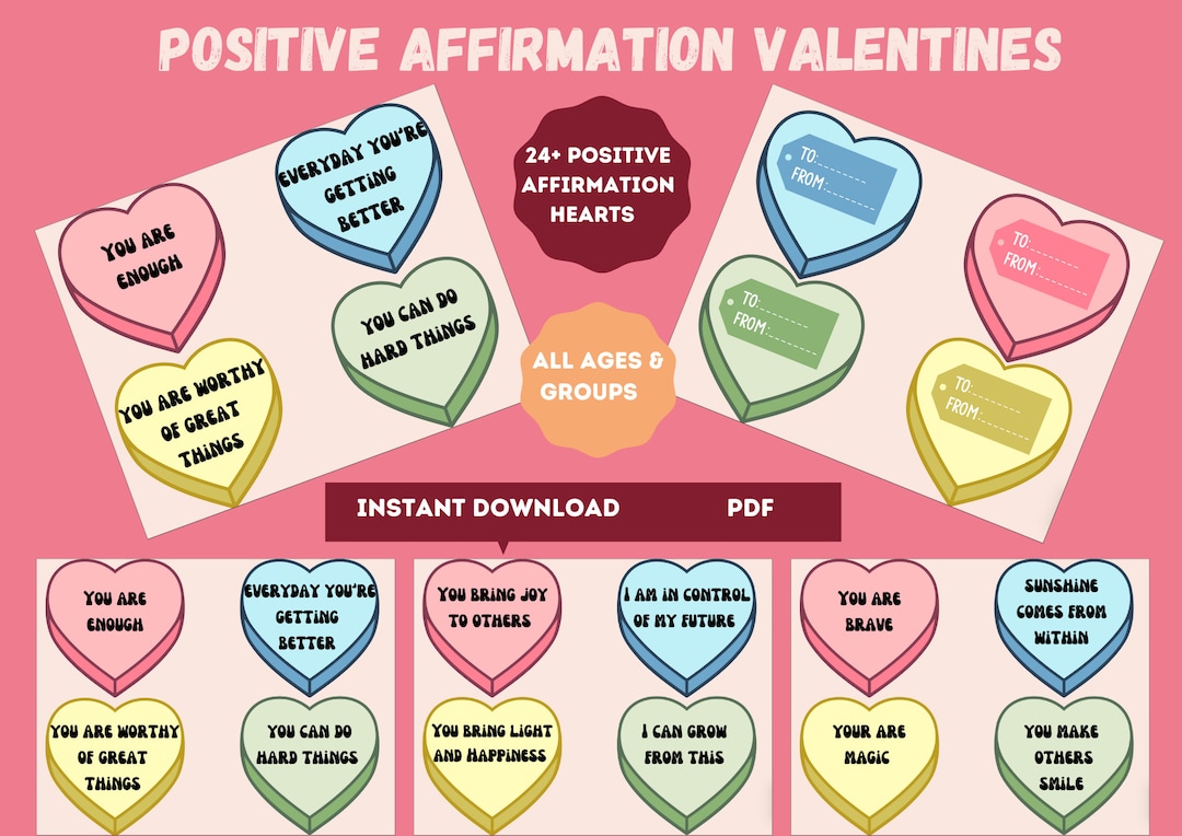 Positive Affirmation Valentines, Valentine Cards, Candy Hearts, Mental ...