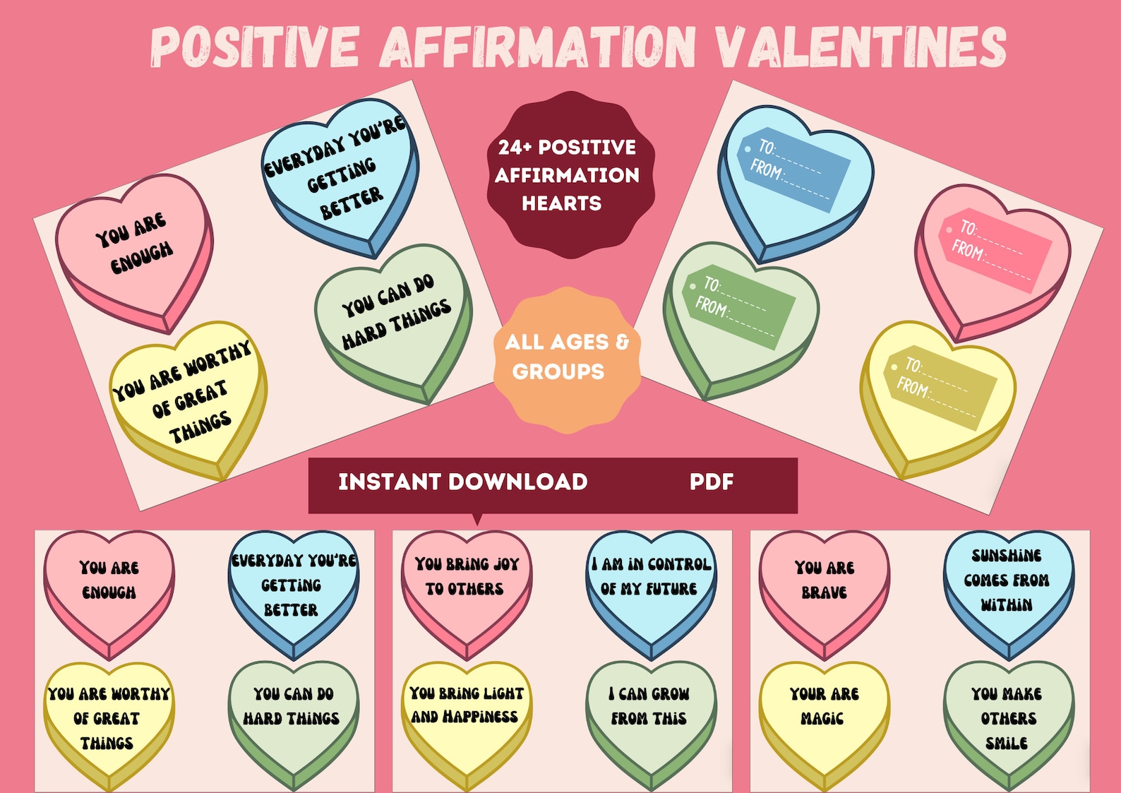 Positive Affirmation Valentines, Valentine Cards, Candy Hearts, Mental ...
