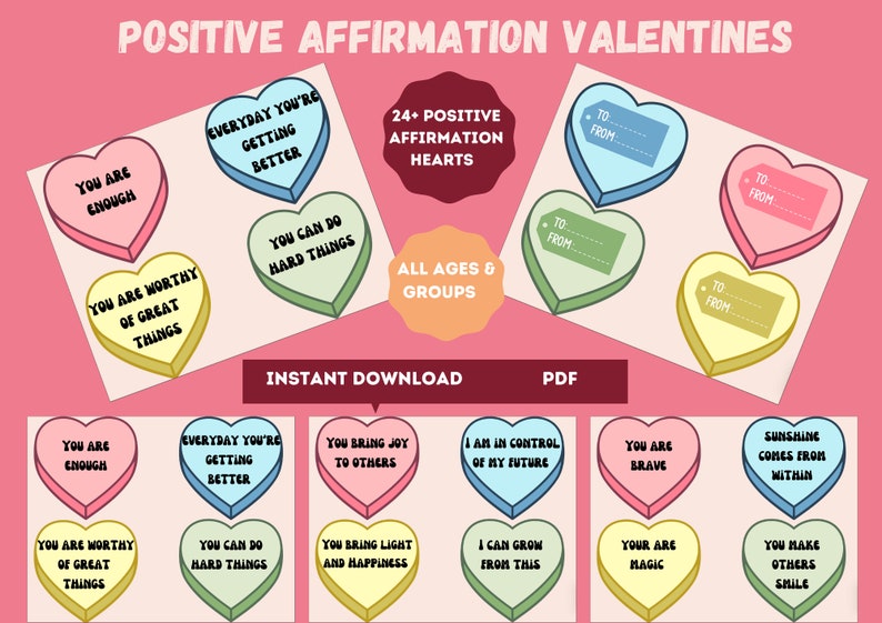 Positive Affirmation Valentines, Valentine Cards, Candy Hearts, Mental ...