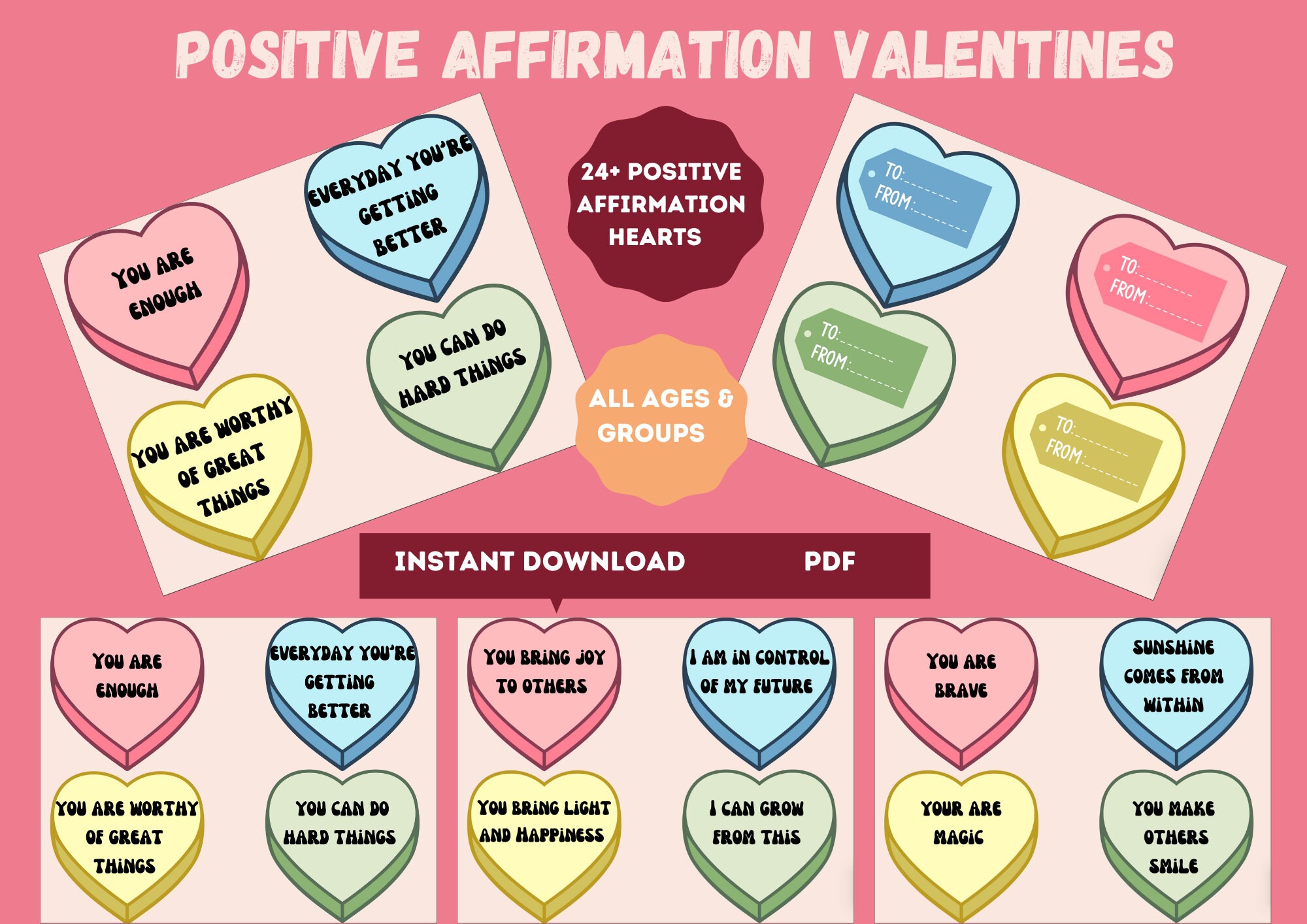 Positive Affirmation Valentines, Valentine Cards, Candy Hearts, Mental ...