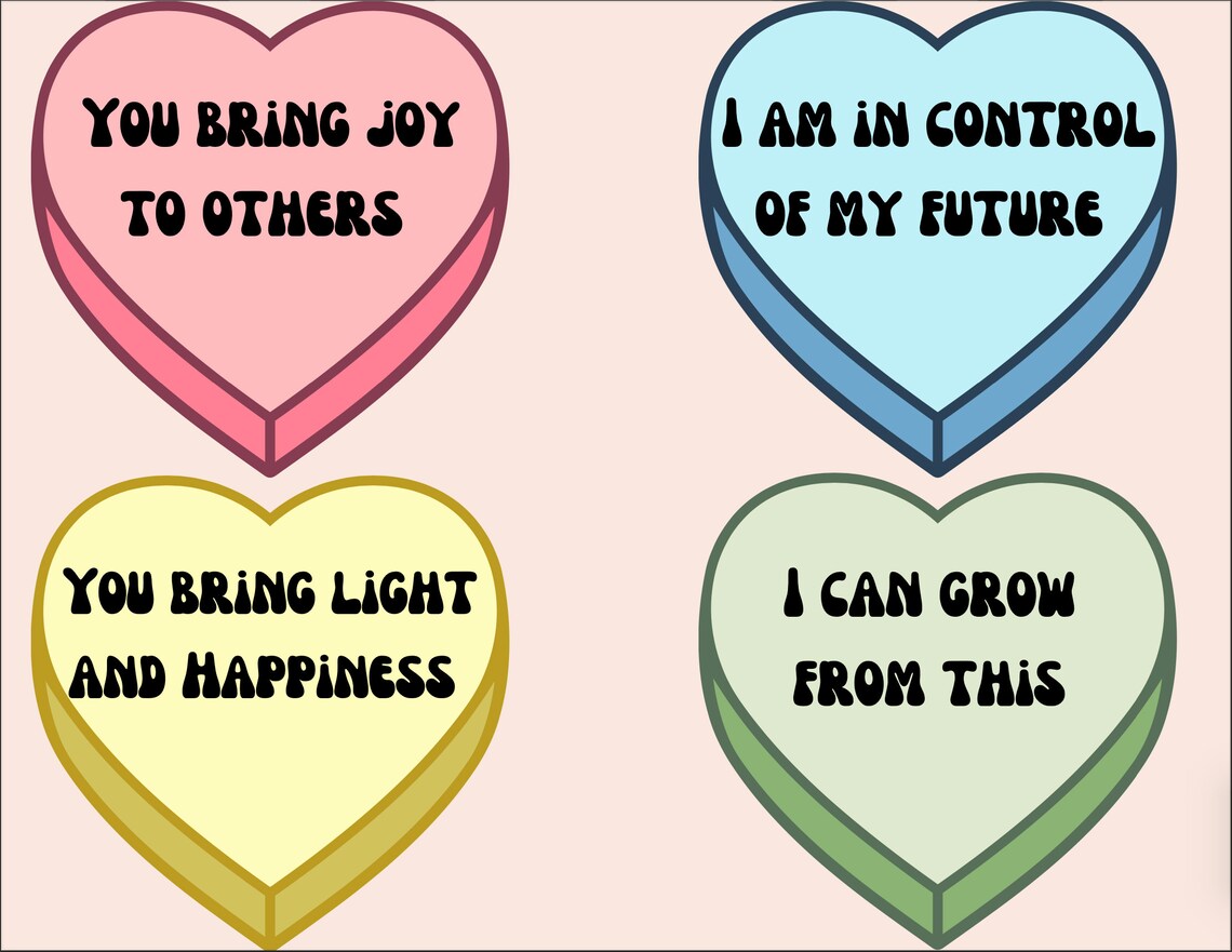 Positive Affirmation Valentines, Valentine Cards, Candy Hearts, Mental ...