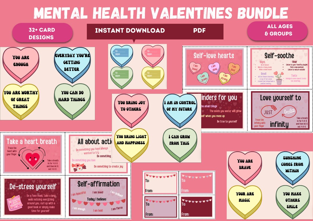 Valentine's Card Bundle, Mental Health Valentines, Self-love, Self-care ...