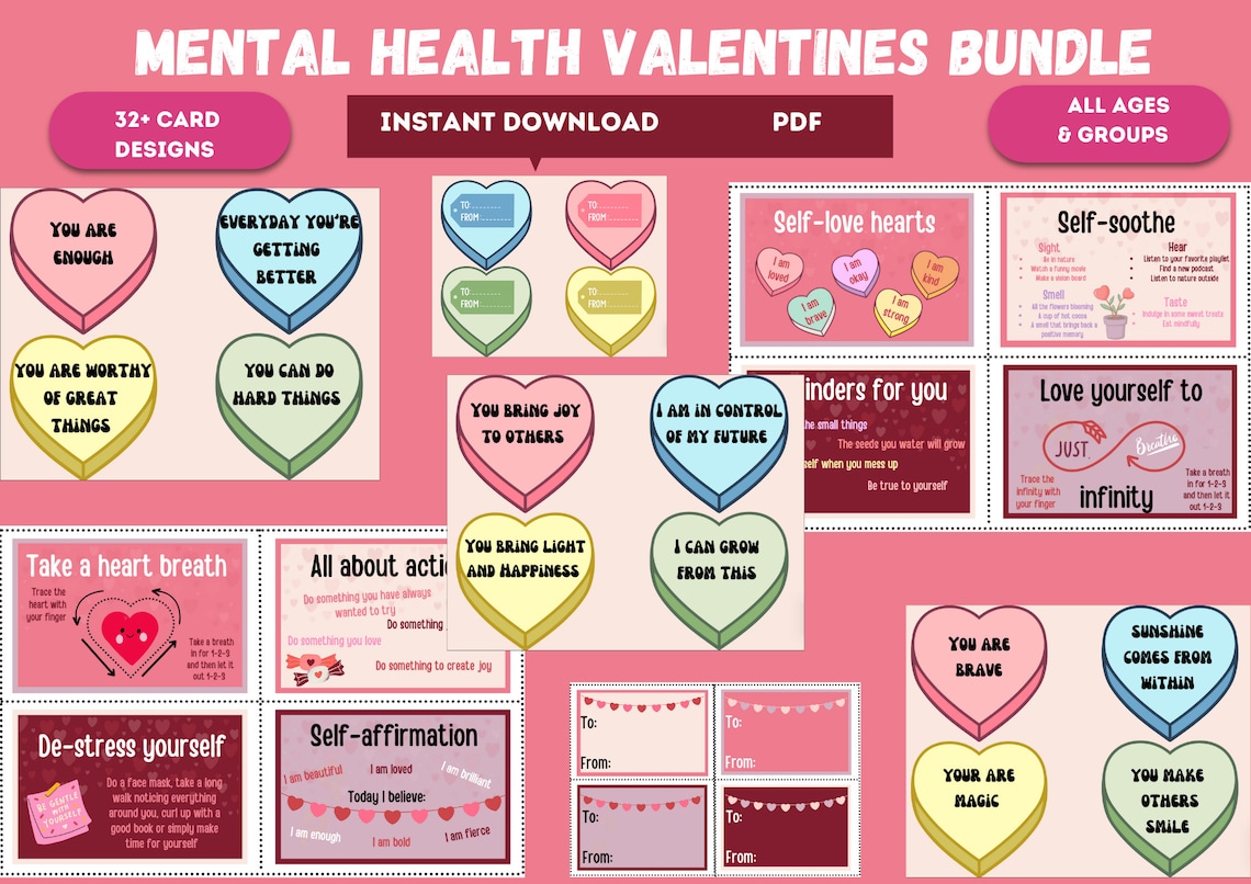 Valentine's Card Bundle, Mental Health Valentines, Self-love, Self-care ...