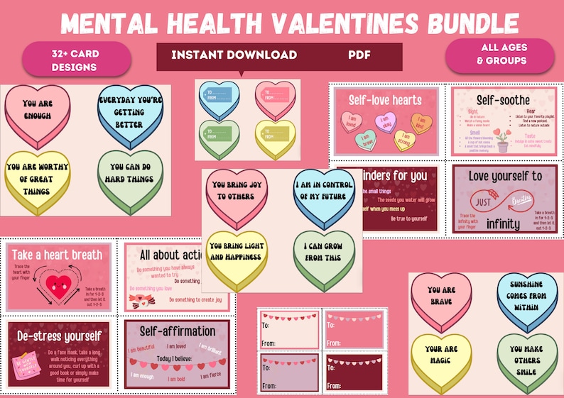 Valentine's Card Bundle, Mental Health Valentines, Self-love, Self-care ...