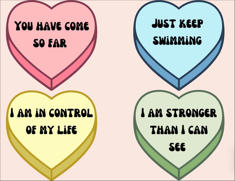 Positive Affirmation Valentines, Valentine Cards, Candy Hearts, Mental ...