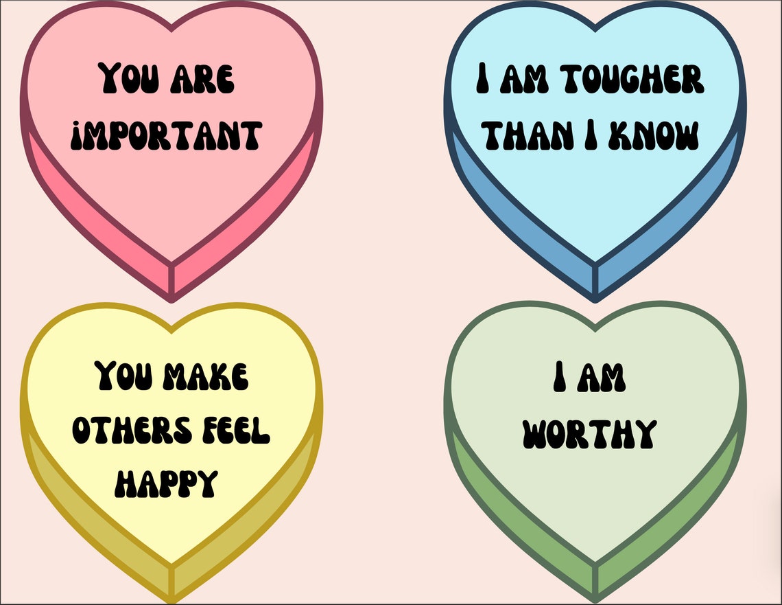 Positive Affirmation Valentines, Valentine Cards, Candy Hearts, Mental ...