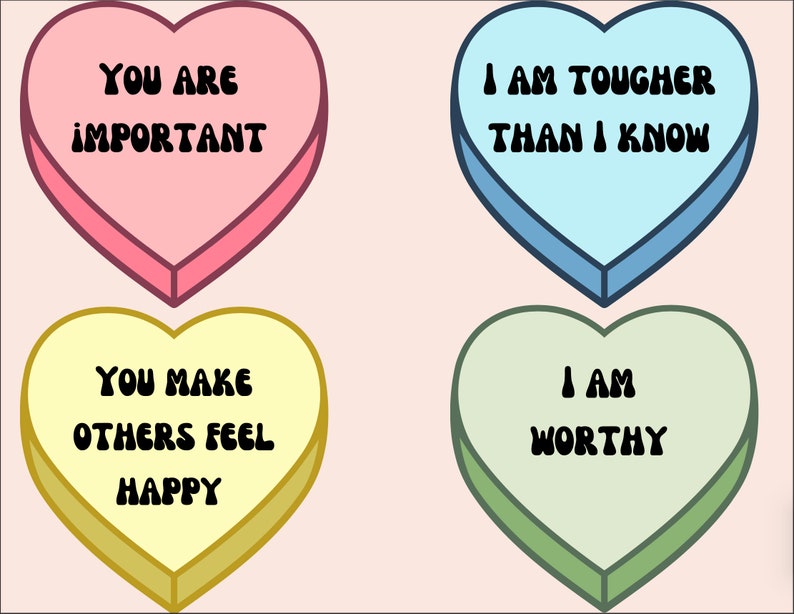 Positive Affirmation Valentines, Valentine Cards, Candy Hearts, Mental ...