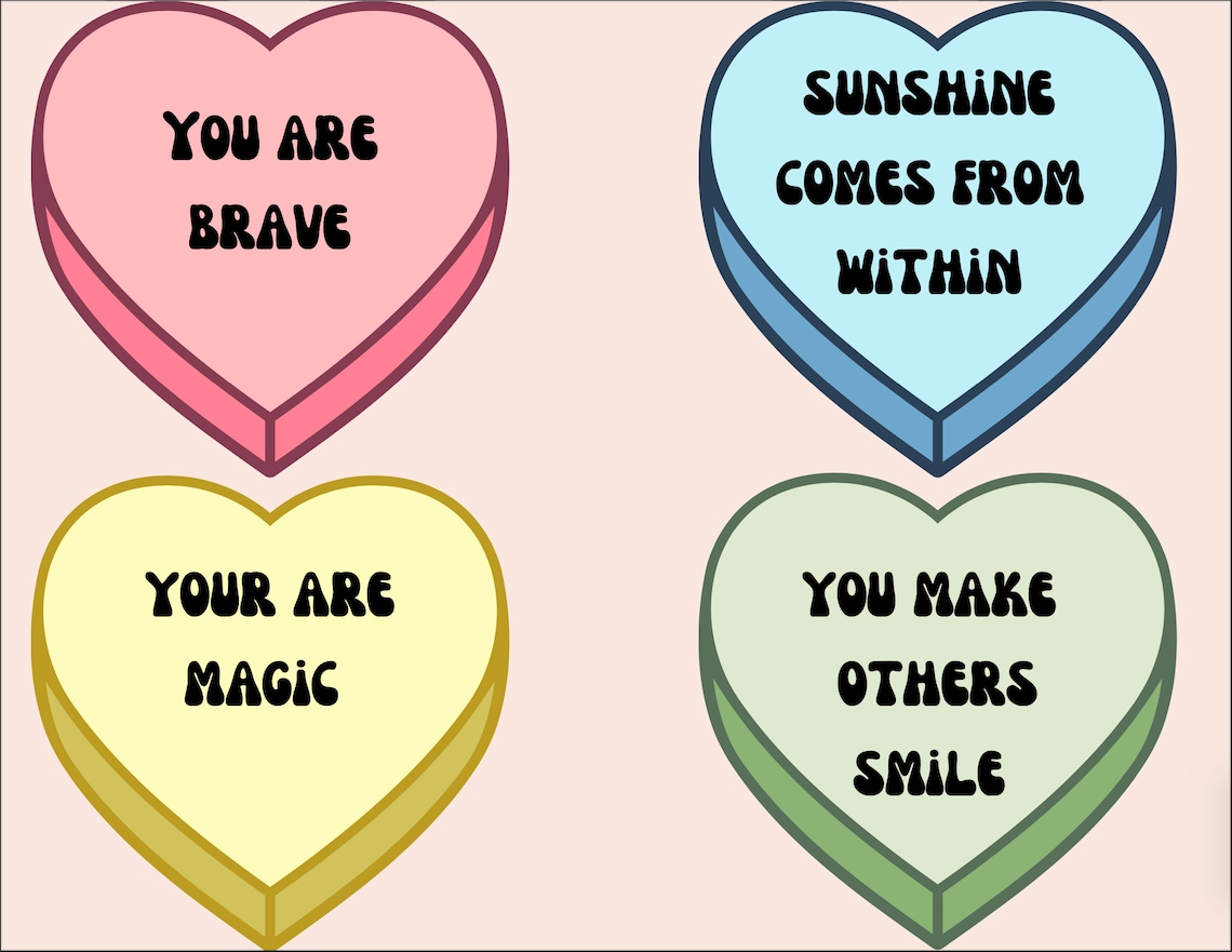 Positive Affirmation Valentines, Valentine Cards, Candy Hearts, Mental ...