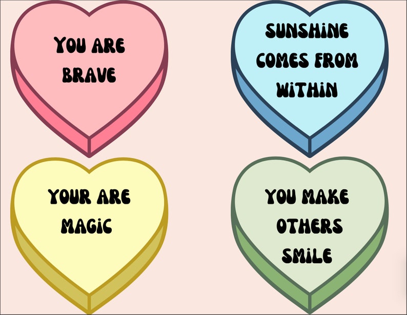 Positive Affirmation Valentines, Valentine Cards, Candy Hearts, Mental ...