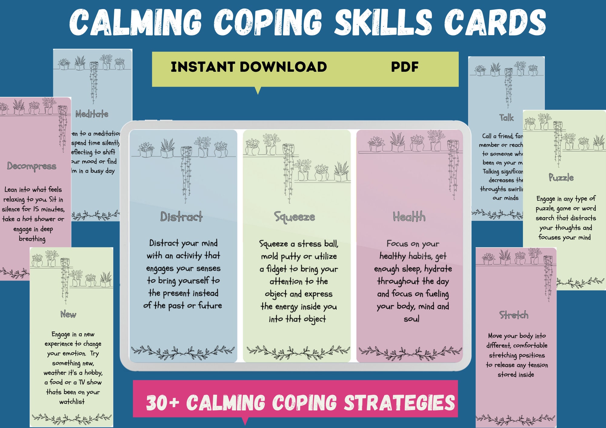 Calming Coping Skills Cards, Vertical, Anxiety, Depression, Mindfulness ...